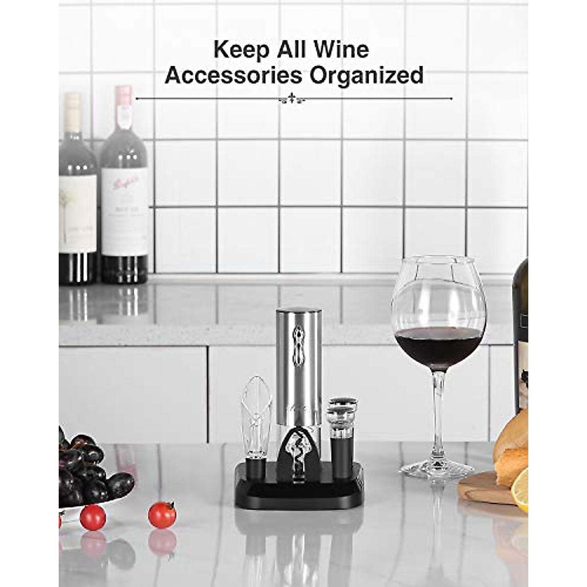 Foneta Electric Wine Opener Rechargeable Wine Bottle Opener with Charging Base, Wine Aerator Pourer, Foil Cutter, Wine Stoppers - Glamour Series