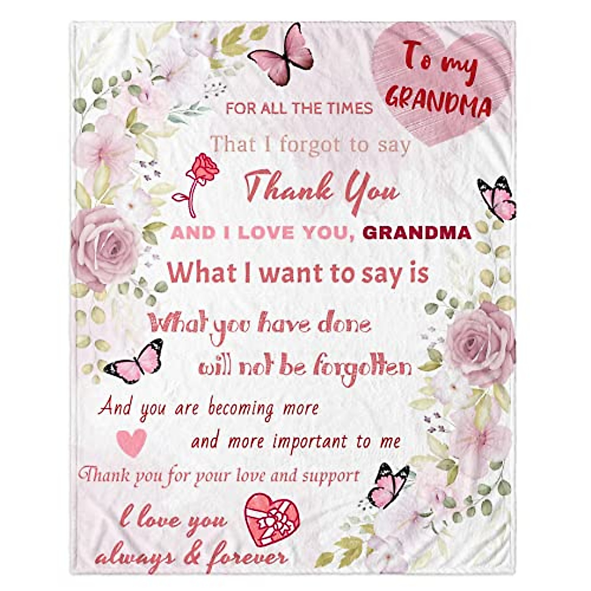 Grandma Blanket Mother's Day Throw Blanket Flower Butterfly Soft Flannel Lightweight Travel Plush Blankets Gifts from Granddaughter Grandson 40x50inch I Love You Grandma