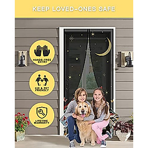 OComster Red Mushroom Black Magnetic Screen Door, Gnome Plant Flower Starry Sky Moon Hands Free Screen Mesh Size 38'' x 83'', Reinforce Heavy Duty Mesh Screen Doors for Patio/Front/Sliding Door