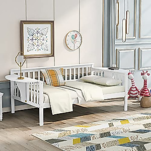 EPESTOEC Twin Size Daybed with Foldable Shelves on Both Sides,Wooden Sofa Bed for Bedroom Living Room/Apartment/Guest Room/Bedroom, White