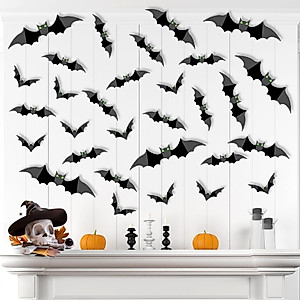 100PCS Halloween 3D Bats Wall Decoration 4 Different Sizes Bats with Glow Eyes PVC Scary DIY Realistic Black Bats Sticker for Home Decor Wall Window Decal Bathroom Indoor Hallowmas Party Supplie (100)