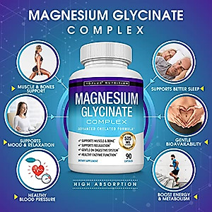 Magnesium Glycinate Complex 525 mg High Absorption 100% DV Chelated - Formulated for Recovery, Maximum Bioavailability Vegan for Men Women, 90 Capsules, Toplux