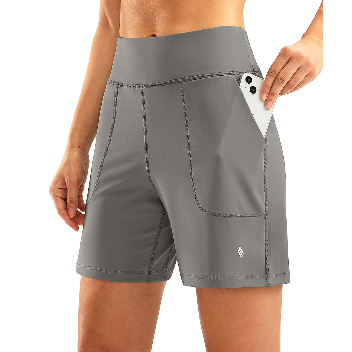 SANTINY Women's 6'' Athletic Long Shorts with 4 Pockets High Waisted Bermuda Shorts for Women Walking Running Casual (Light Grey_M)