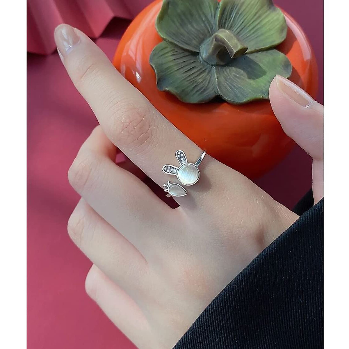 Cute Rabbit Carrot Open Stacking Ring for Women Teen Girls Cubic Zirconia Crystal Cat Eye Stone Bunny Adjustable Statement Knuckle Finger Bands Promise Eternity Rings Dainty Jewelry Gifts Easter