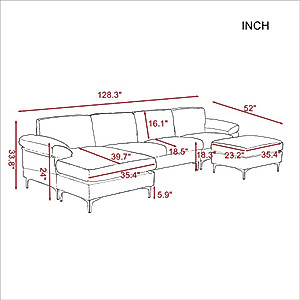 Knowlife Modern Corner Sectional Futon Sofa with Removable Cushions and Ottomans Convertible Sofa Couch for Living Room, 131 inchL - Light Gray.