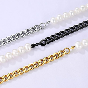 Men's Pearl Necklace Women Half Pearl Half Metal Link Chain Black Cuban Chain Pearls Stands Choker 17"
