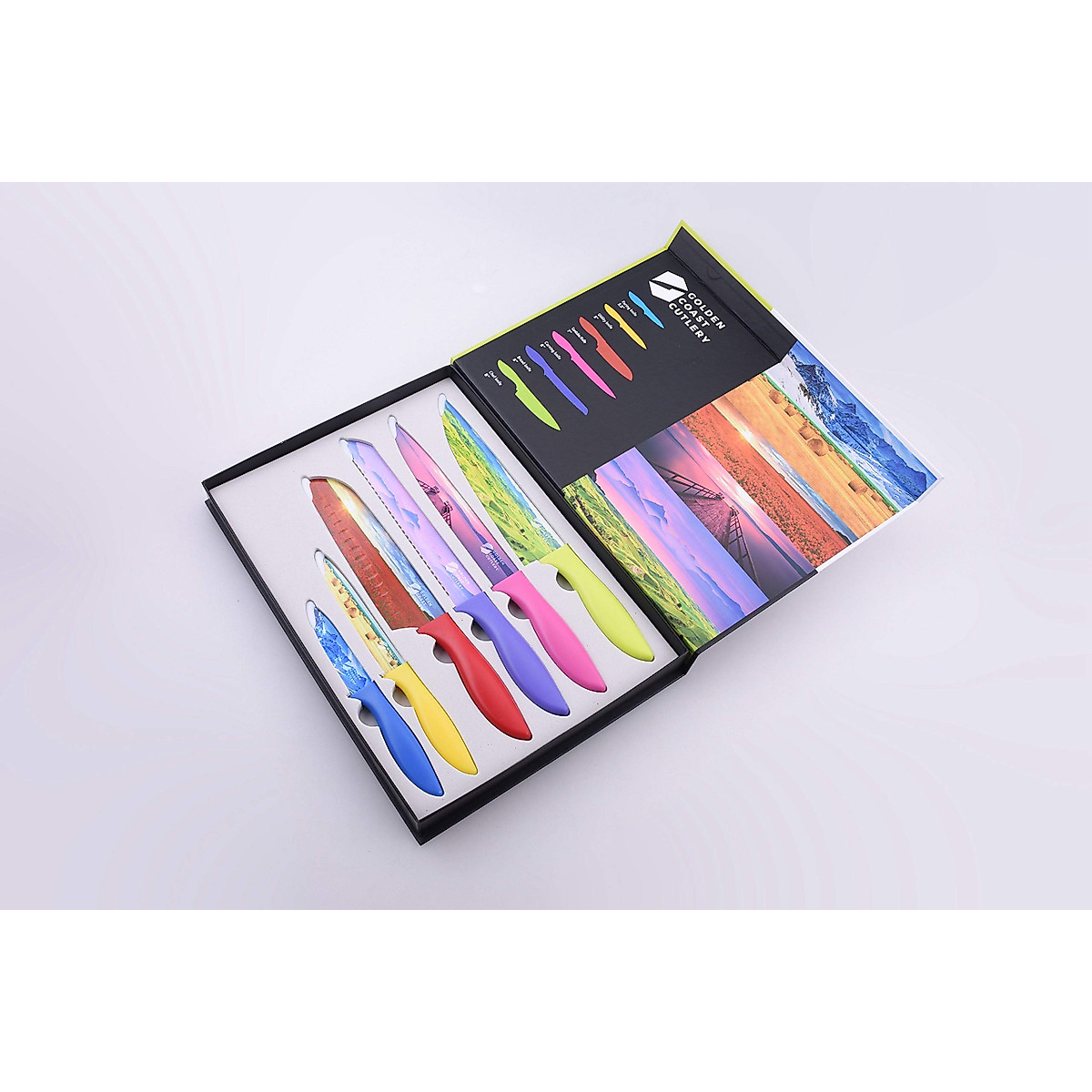 Golden Coast Cutlery Colored Kitchen Chef Knife Set - Beautifully Designed Razor-Sharp Large and Small Cooking Knives with Non-Stick Surface Finish and Gift Box