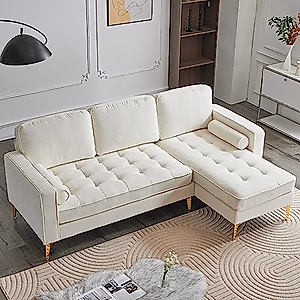 Imbesty 85" W Sectional Convertible Sofa Couch, Chenille Upholstered L-Shaped Couch 3-Seat Sofa with Reversible Chaise for Small Living Room, Apartment and Small Space (Chenille White)