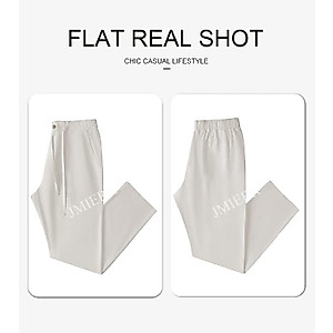 JMIERR Mens Casual Linen Pants Loose Fit Straight Legs Lightweight Elastic Waist Drawstring Trousers Summer Beach Yoga Pant Baggy US 34(M) White