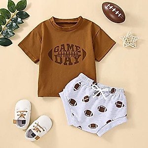 Funny Newborn Infant Baby Boy Girl Game Day Vibes Football Bodysuit Romper+Shorts Set Clothes Outfits 2Pcs (Brown, 0-6 Months)