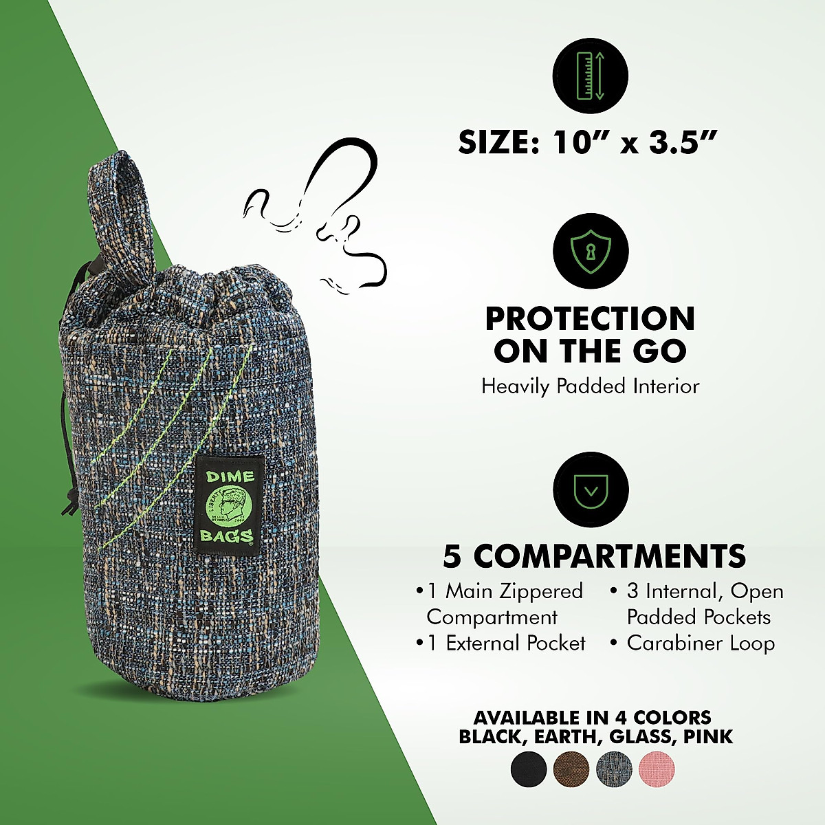 Dime Bags - Drawstring Tube, Padded Bag, 5 Compartments, w/Carabiner Loop, Convenient, Durable (Glass, 10")