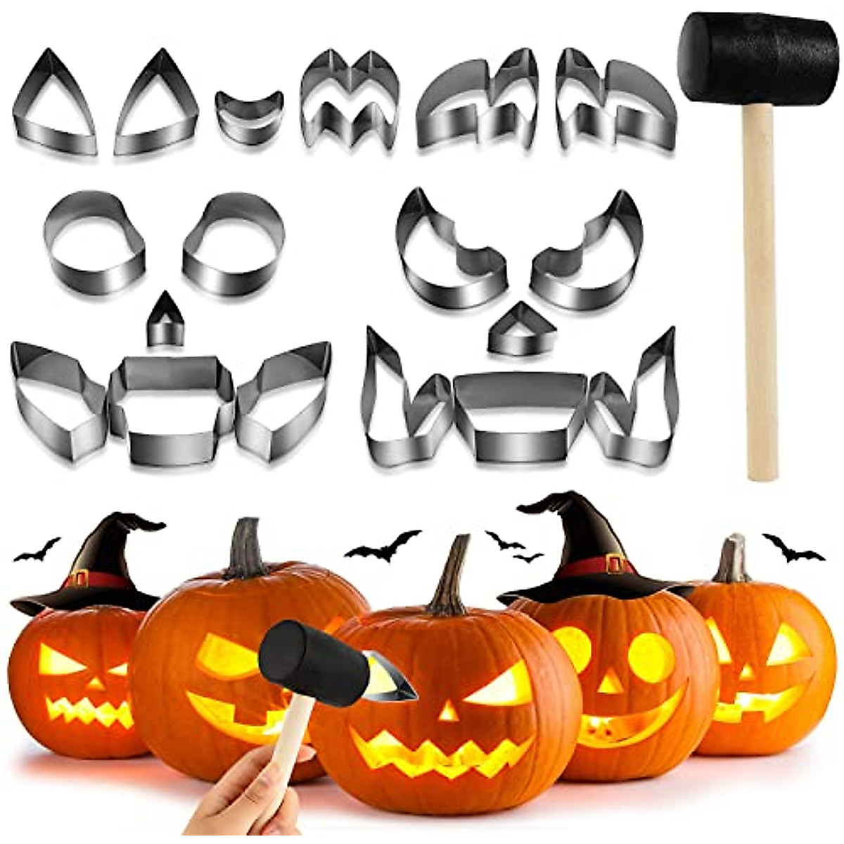 Halloween Pumpkin Carving Kit, Stainless Steel Pumpkin Carving Tools with Rubber Hammer, Safe Halloween Carving Kit for Kids Adults