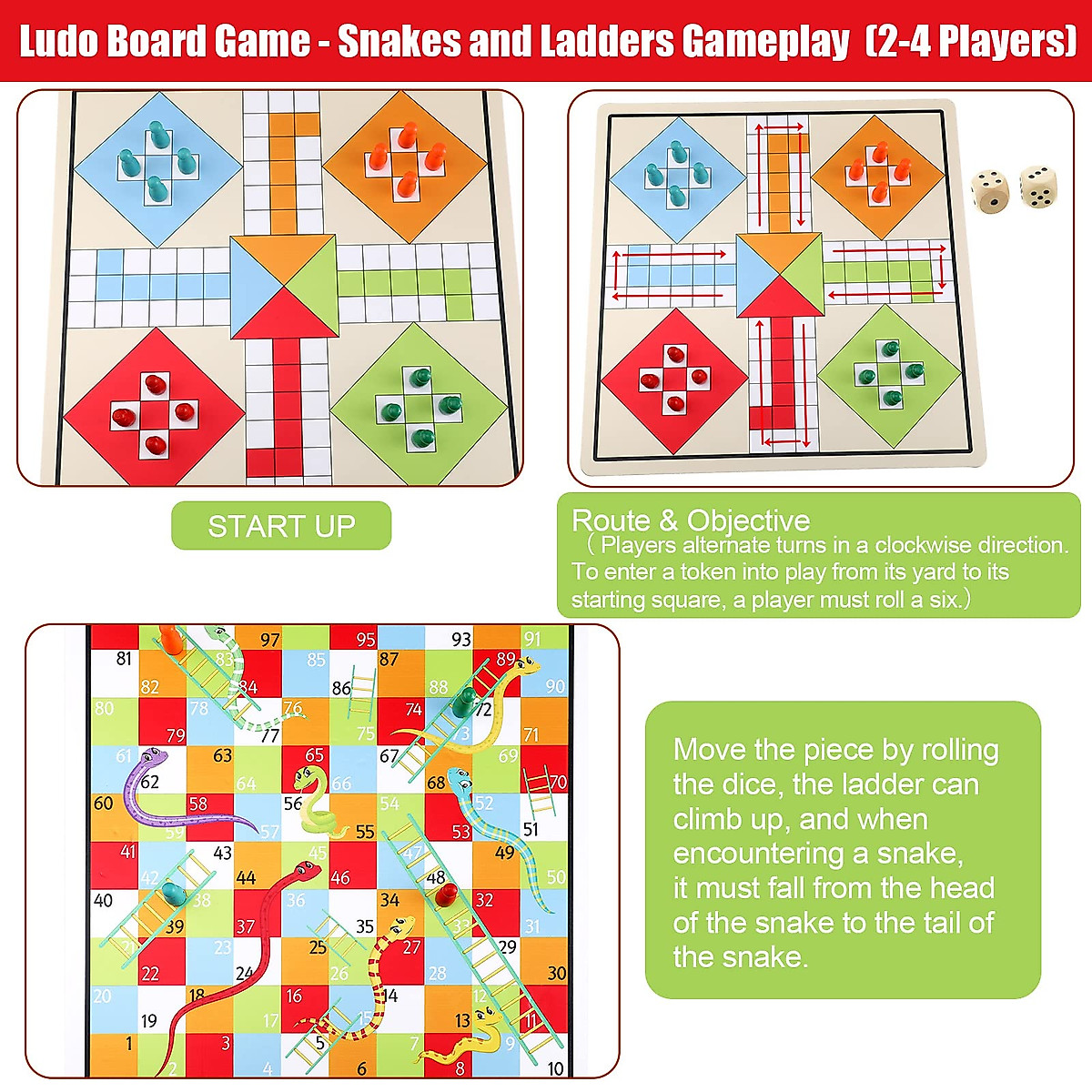 2 in 1 Snakes and Ladders, Ludo Game Set, 12 x 12 Inch Ludo Board Game 2-4 Players Family Dice Games Set Classic Double Sided Game Board for Adults and Teens, with 2 Wooden Dices and 16 Game Pieces