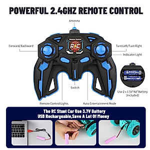 Traverse Star Remote Control Car 360° Rotating RC Cars, 2.4Ghz Double Side RC Stunt Car with Wheel Lights Headlights, RC Race Car Toys for Boys Girls Age 8-12 Christmas Birthday Gift(Cyan)