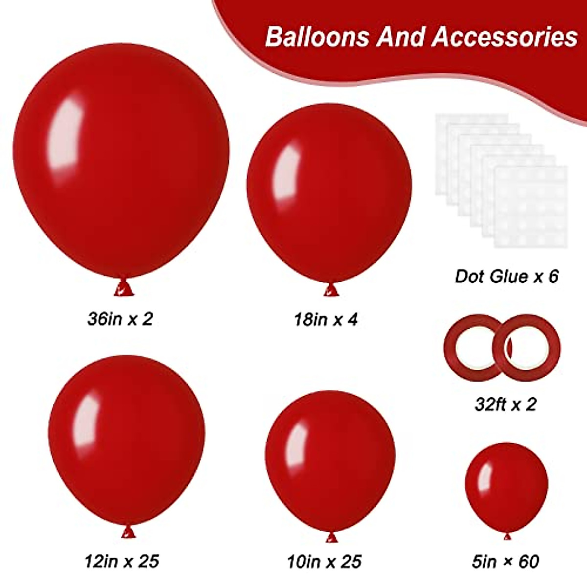 RUBFAC 116pcs Ruby Red Balloons Different Sizes Pack of 36 18 12 10 5 Inch for Garland Arch Dark Red Extra Large Balloons for Birthday Wedding Party Decoration