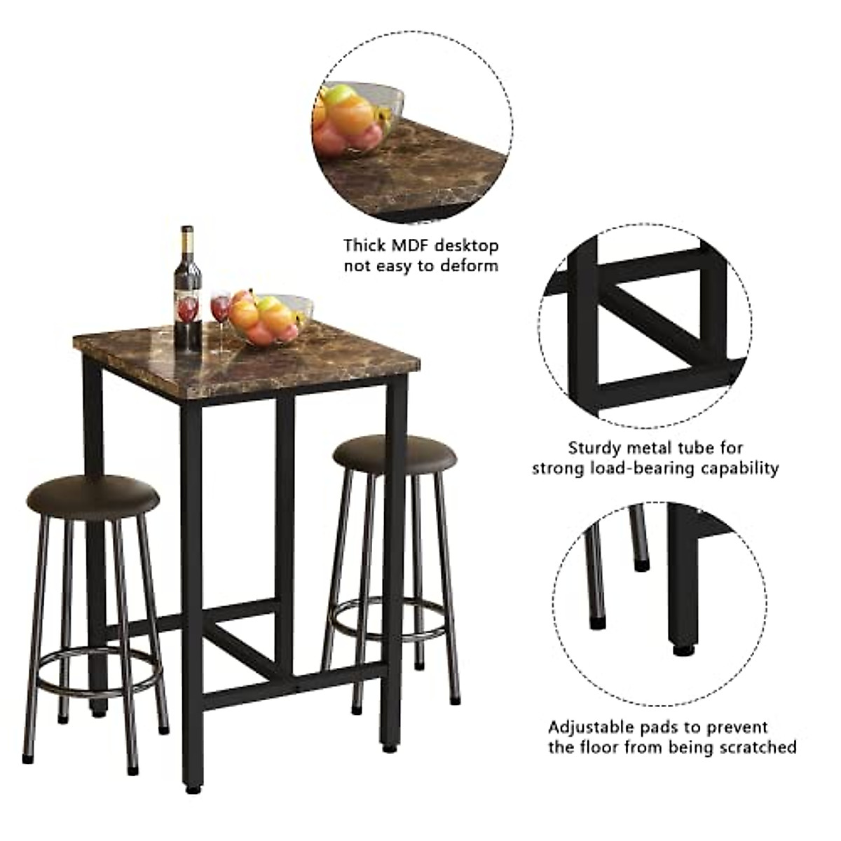 AWQM 3 Piece Dining Table Set Bar Table and Chairs Set for 2 Faux Marble Kitchen Counter Height Dining Table Set with 2 Padded Stools 3-Piece Modern Pub Table Set, Marble Brown, 23.6"