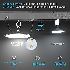 Smart 300W High Bay LED Light with Motion Sensor, AC100-277V 5000K UFO High Bay Shop Light for Warehouse Barn(Installation Height at Least 20FT)- 2Pack 5Yrs Warranty
