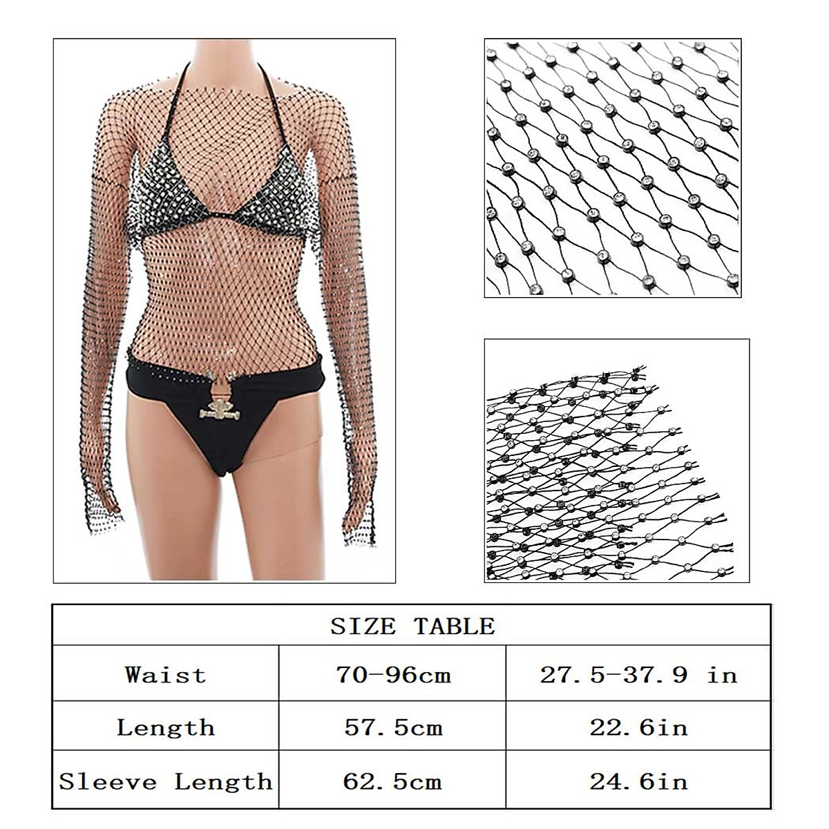Formery Sexy Rhinestone Mesh Body Chains Top Long Sleeve Crystal Fishnet Cover Up Crop Top See Through Hollow Out Bikini Rave Top Swimsuit Coverups for Women and Girls(Black)