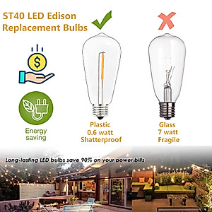 10 Pack LED Edison Light Bulbs, 0.6 Watt Shatterproof Dimmable Replacement Bulbs ST40 E17 Clear Plastic Light Bulbs for Outdoor Patio String Lights, E17/C9 Intermediate Screw Base Bulb, Warm White