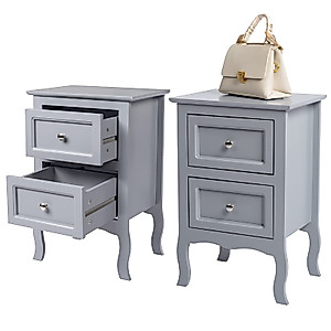 Bonnlo Gray Nightstand Set of 2, Nightstands with 2 Drawers, Bed Side Table/Night Stand, Small Nightstand for Bedroom, Small Spaces, College Dorm, Kids’ Room, Living Room, Wood, 16W x 12D x 24H, Grey