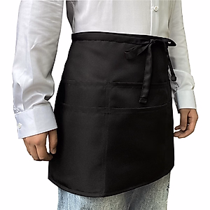 AEKTBY 6 Pockets Black Server Aprons (2 Pack), Half Waist Apron for Unisex Waitress Waiter, Barber, Cleaner