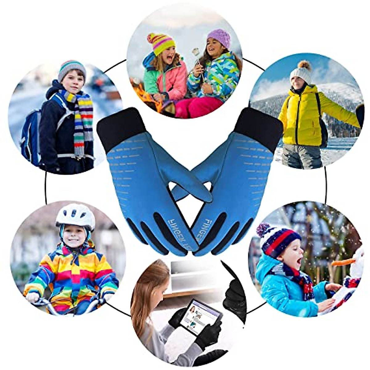 FINGER TEN Kids Winter Gloves Waterproof with Free Neck Warmer Boys Girls Touchscreen for Cold Weather Outdoor Sports (Blue, Large)