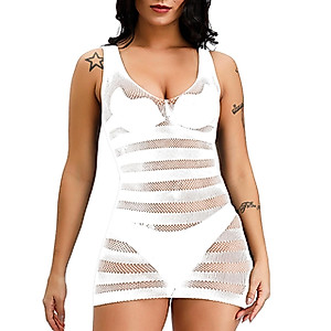 Vorifun Women Fishnet Lingerie V-Neck Sleepwear One Size One Piece Babydoll Mini Dress One Piece (White)