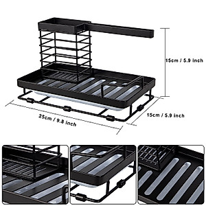 Mlesi Kitchen Sink Caddy Organizer, Soap and Dish Sponge Holder with Drain Tray, Countertop Soap Dispenser Scrubber Brush Dishcloth Storage Rack Rust-Proof Black
