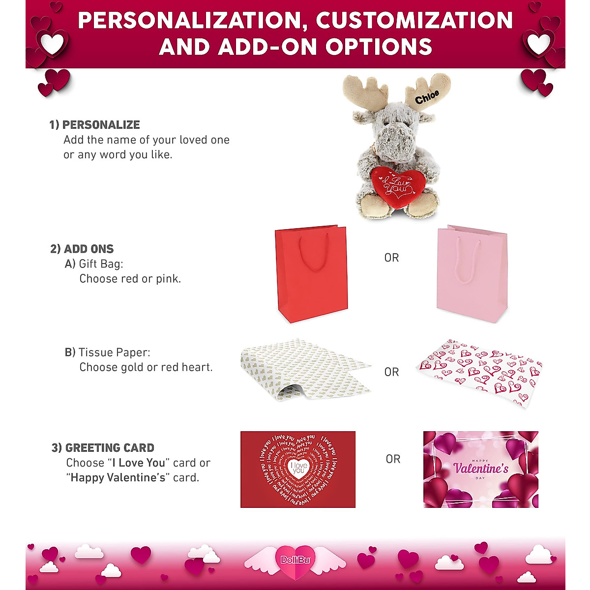 DolliBu I Love You Valentine Plush Sitting Moose - Cute Stuffed Animal with Red Heart and Name Personalization Gift for Valentine's Day, Birthday, Anniversary, Romantic Date - 11 Inches