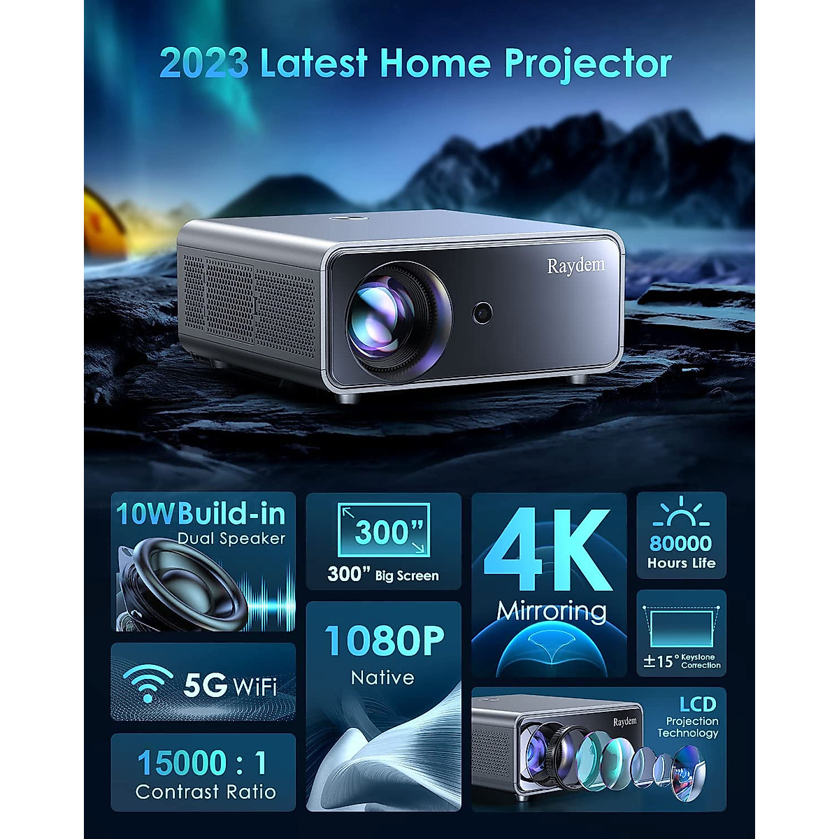 Raydem Portable Projector with 5GHz Wi-Fi & Bluetooth | 1080P, 350 ANSI