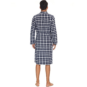 Zerbala Men's Flannel Robe Knee Length Plaid Bathrobe M Navy