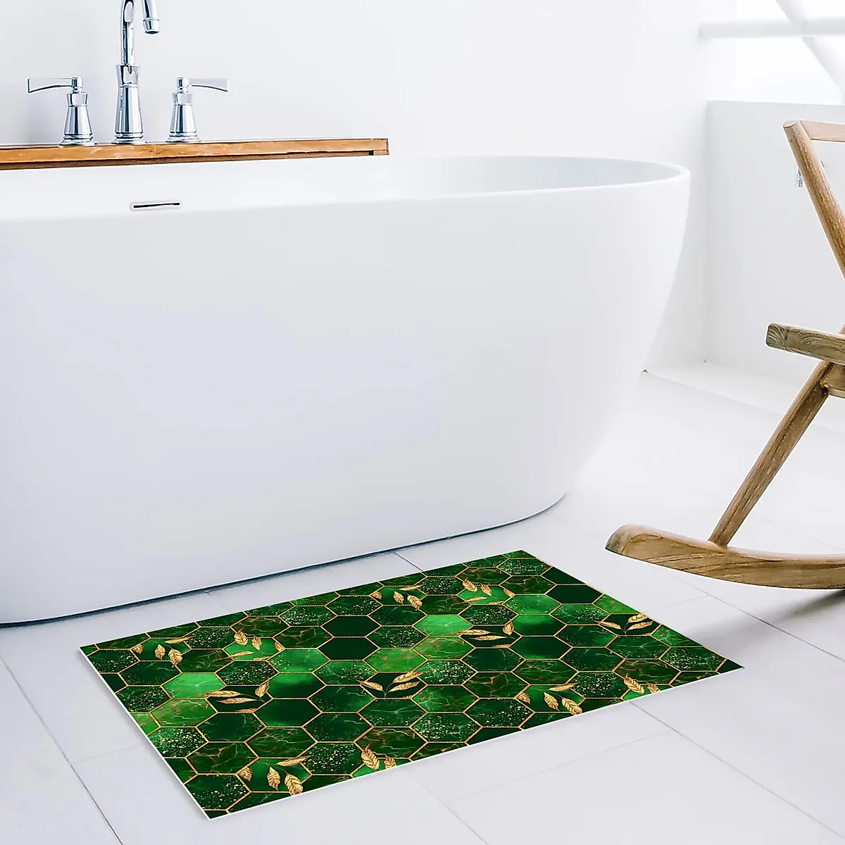 Abstract Marble Leaves Honeycomb Entrance Floor Mat Personalized Doormat Gold Green Welcome Door Mat Low Profile Non Slip Entry Rugs for Bathroom Kitchen Home Front Decor 18x30inch