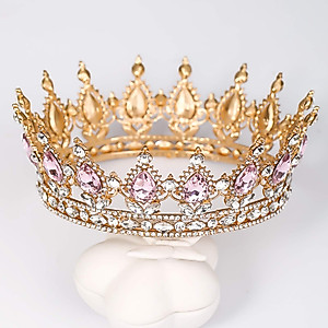 FORSEVEN Queen Crown Rhinestone Wedding Crowns and Tiaras for Women Costume Party Hair Accessories Princess Birthday Crown Crystal Bridal Crown (Gold+Pink)
