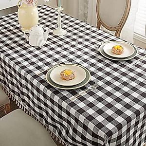 Laolitou Checkered Tablecloth Rectangle Washable Buffalo Plaid Table Cloth with Tassel Cotton Linen Gingham Table Cover for Picnic Kitchen Dining Room, Black and White, 86 Inch