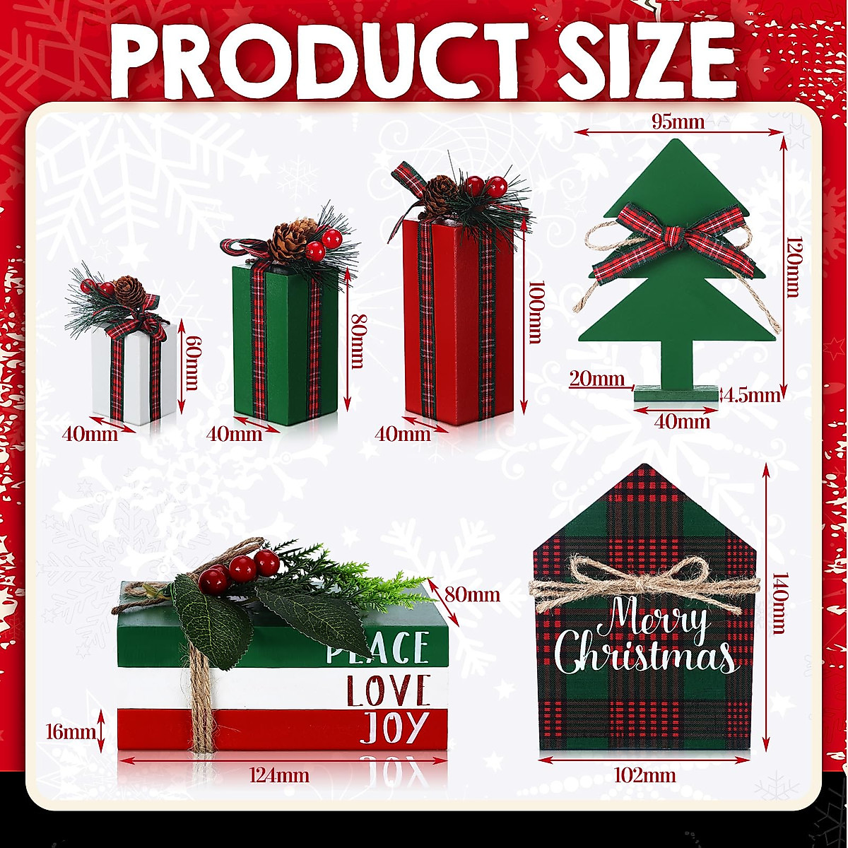 Kigley 6 Pcs Christmas Wooden Table Decorative Xmas Tiered Tray Decor Wooden Block Firework Book Sign for Xmas Home Farmhouse Table Decor(Classic)