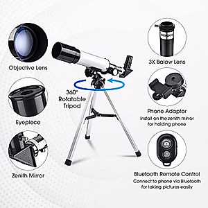 AW 50mm Aperture 360mm Astronomy Refractor Telescope Refractive Tripod with Phone Adapter Carry Bag Remote Constellation Map for Kid Aldult Gift