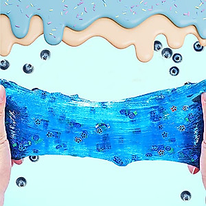 Premade Crystal Slime Blueberry Blue Jelly Cube Glimmer Crunchy Slime, Includes 6 Sets of Slime Add-ins, Party Favors for Kids, Sensory and Tactile Stimulation, Stress Relief, for Girls & Boys