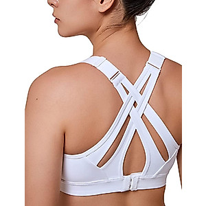 Yvette Sports Bra High Impact Adjustable Criss Cross Back, Full Support for Large Bust No Bounce, White,S