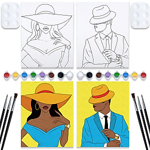 VOCHIC Couples Paint Party Kits Pre Drawn Canvas for Adults for Paint and Sip Date Night Games for Couples Painting kit 8x10 Elegant Ladies Gentlemen (2 Pack) Valentine's Day