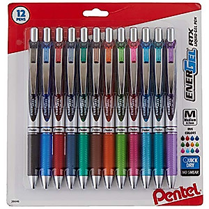 Pentel Gel Ink Pen, EnerGel RTX Retractable (0.7mm) Medium Point, Assorted Gel Ink Colors, 12 Pk (BL77BP12M)