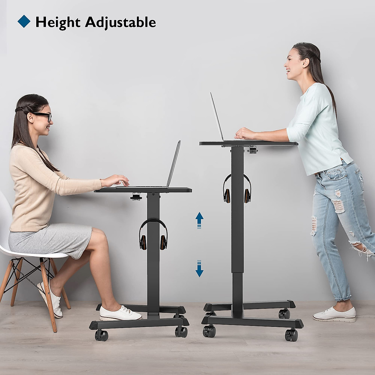 BONTEC 25.6 x 17.7 Inch Mobile Stand Up Desk, Podium, Rolling Standing Desk Up to 33LBS with Wheels and Stoppers, Laptop Standing Desk Height Adjustable, Black
