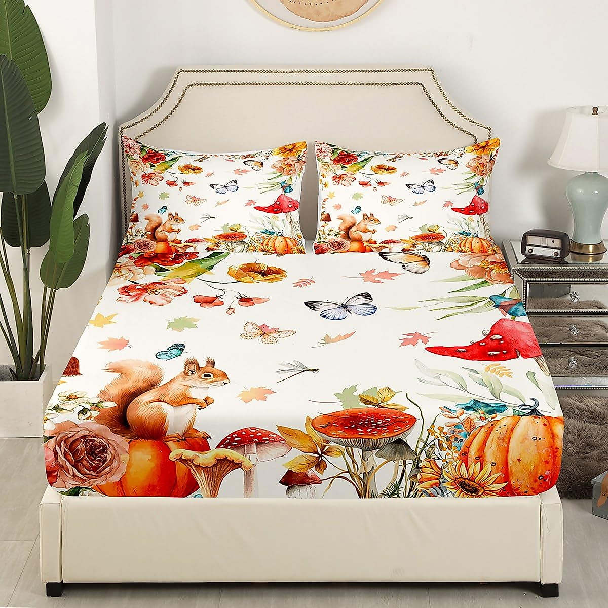 Erosebridal Cute Squirrel Comforter Set Full Size for Girls Women Fall Decor Sheet Set Thanksgiving Day Gifts Fitted Sheet Fall Season Flat Sheet 4 Piece Lovely Butterfly Mushroom Floral Sheets