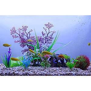 Fishdance Aquarium Plants, Artificial Fish Tank Plastic & Resin Plants and Broken Barrel Decorations Decor White Red Fake Coral Plants Set 8 Pcs