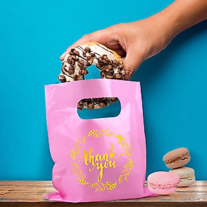 TOSPARTY 100 PCS 3 Sizes Thank you Plastic Merchandise Bags Shopping Bags with Handle Retail Bags Gift Bags for Boutique Die Cut Bags for Small Business Thanksgiving Day bags