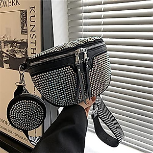 Fashion Rhinestone PU Leather Waist Bag,Sparkle Evening Handbag Crossbody Bags Bling Shoulder Bags,Rhinestone Purse for Women (Silver)