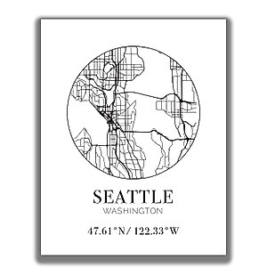 Seattle WA City Street Map Wall Art - 11x14 UNFRAMED Modern Abstract Black & White Aerial View Decor Print with Coordinates. Makes a great Seattle Washington-Themed Gift.