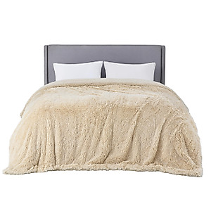 Bedsure Soft Fuzzy Faux Fur Blankets Queen Size Khaki – Cozy, Fluffy, Plush Sherpa Fleece Blanket, Furry, Shaggy Blanket for Couch, Bed, Sofa, Thick Warm Blankets for Women, 90x90 Inches, 640 GSM