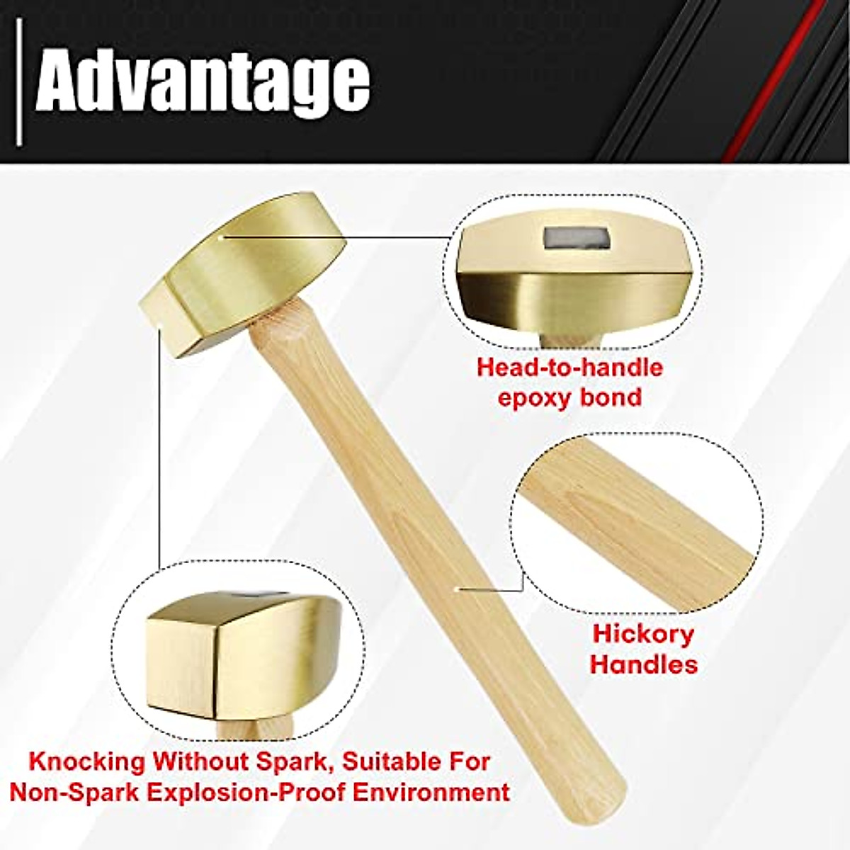 C&T 2 Pound Solid Brass Non-Sparking Hammer with Hickory Wood Handle,Non Marring Non Sparking,2lb