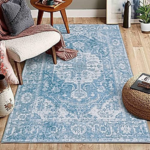 Fashionwu Washable Rug 8x10 Persian Area Rug Medallion Non-Slip Floor Mat Soft and Velvet Large Floor Cover for Bedroom Living Room 8x10 Rug Aesthetic Carpet Non-Shedding Anti-Slip Large Mat, Teal