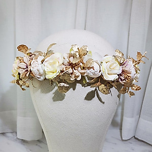 DDazzling Women Girls Handmade Princess Headpiece Forest Wedding Vintage Flower Crown Hair Accessories Photo Props (Gold Coffee Purple Beige)